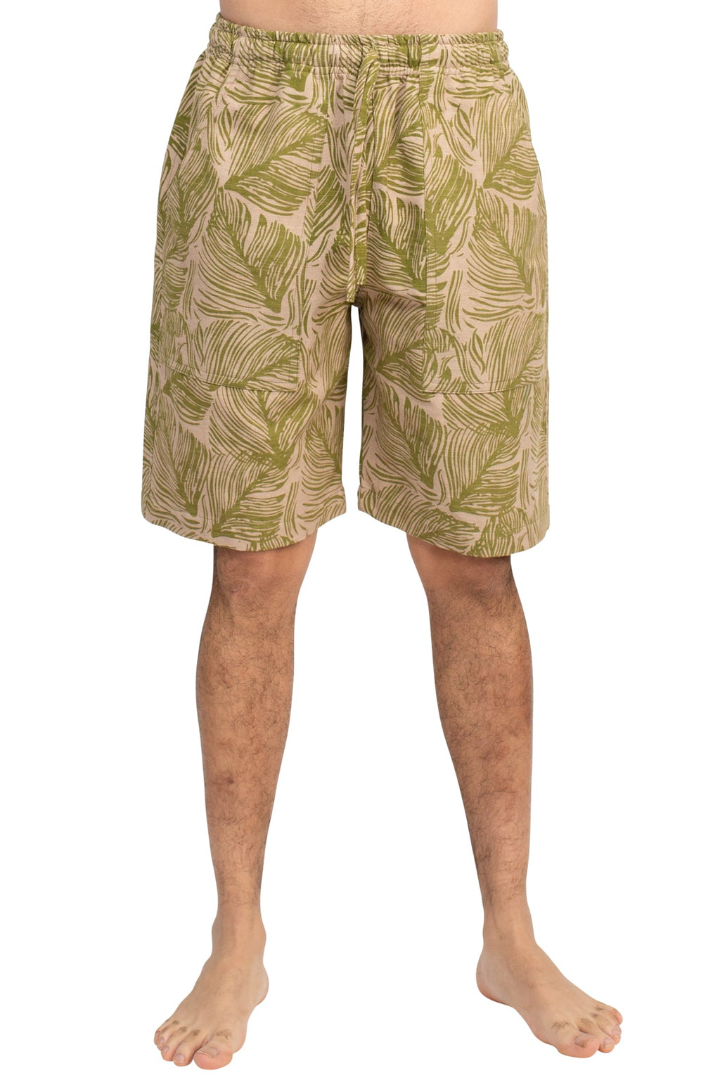 Men's Tropical Leaves Shorts: Cotton Slub Fabric Woven & Elastic for ...